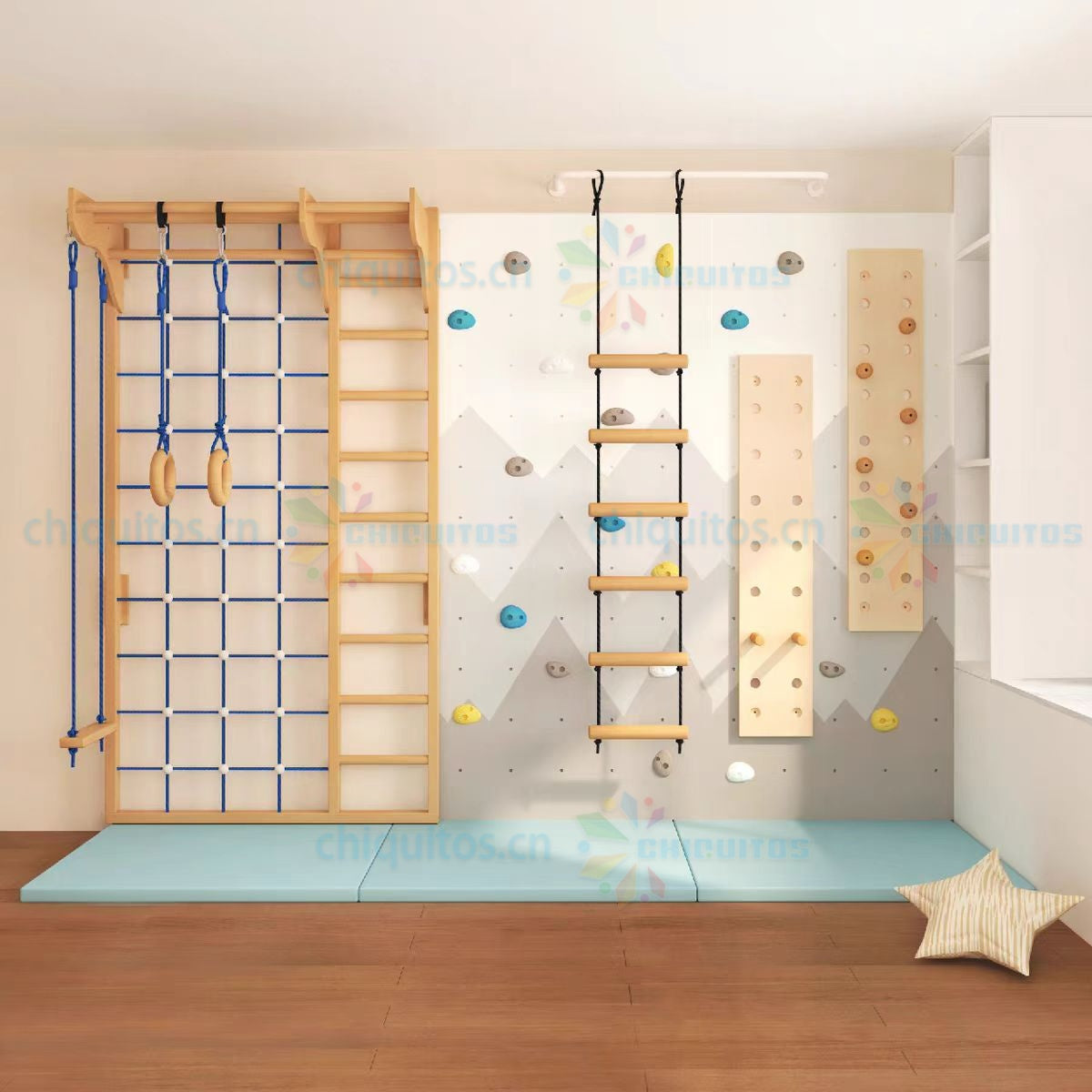 Chiquitos Indoor Climbing Wall and Wooden Ladder Playset for Kids Home ...
